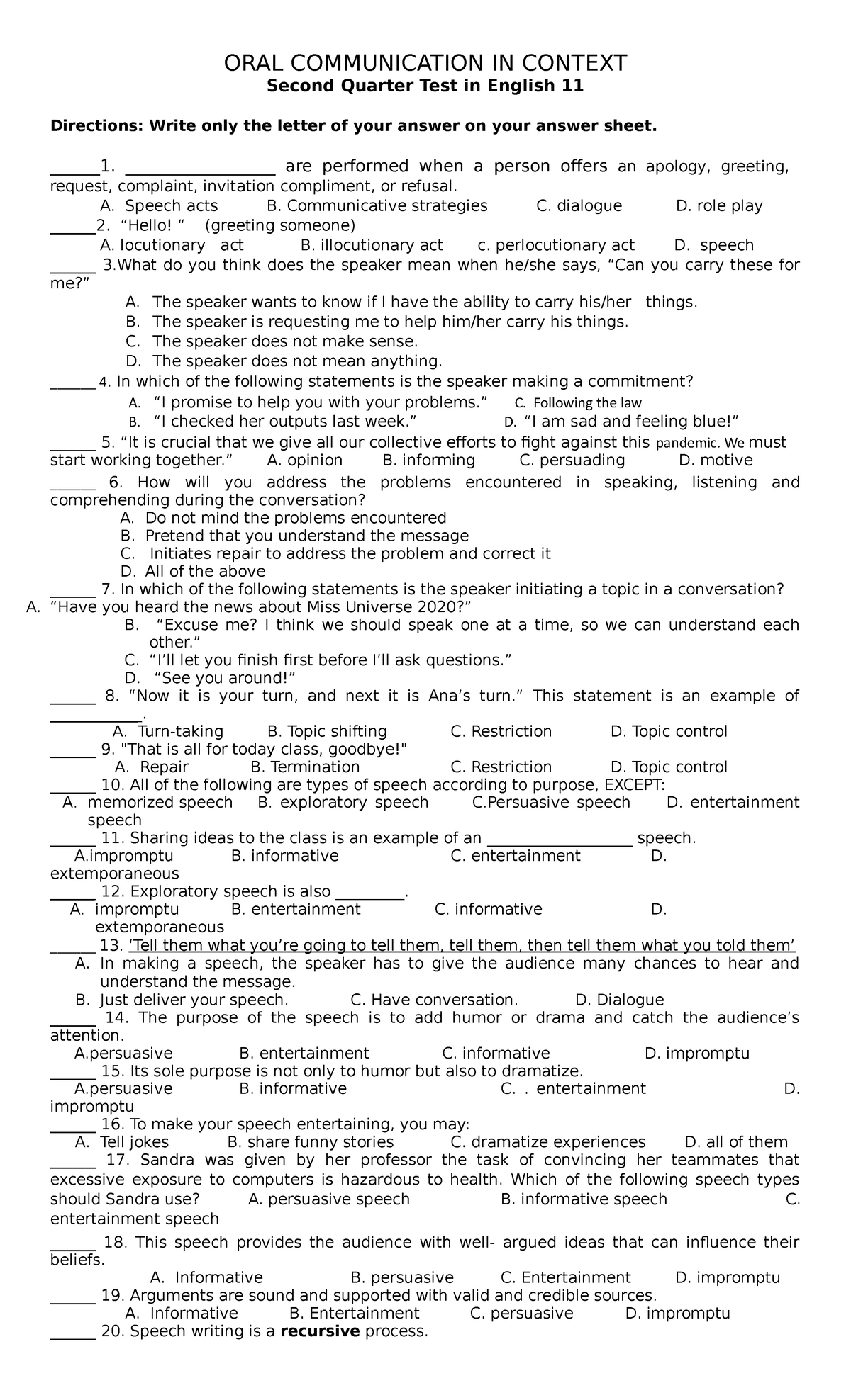 ORALcom 11 - 2ND Quarter Summative Test on Communication Skills - Studocu
