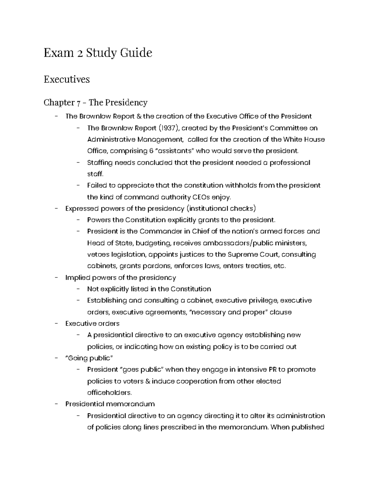 POLS Exam 2 - study guide - Exam 2 Study Guide Executives Chapter 7 ...