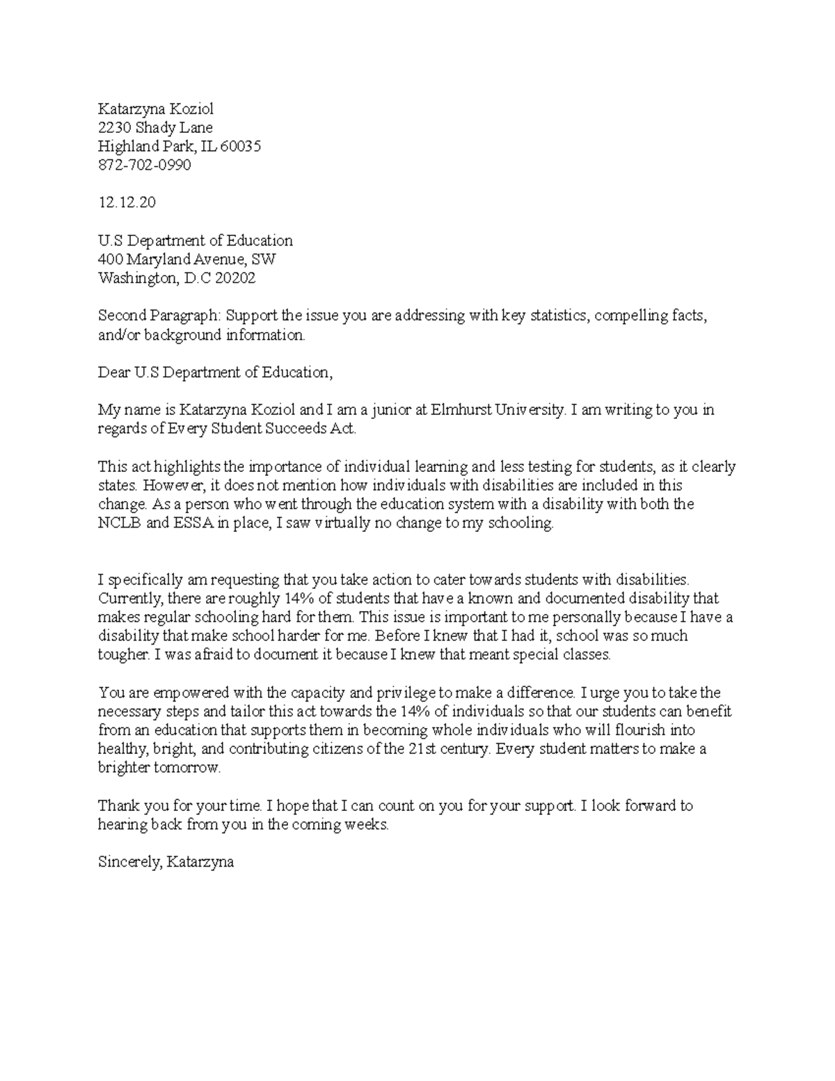 Advocacy Letter to U.S. Department of Education on ESSA Issues - Studocu