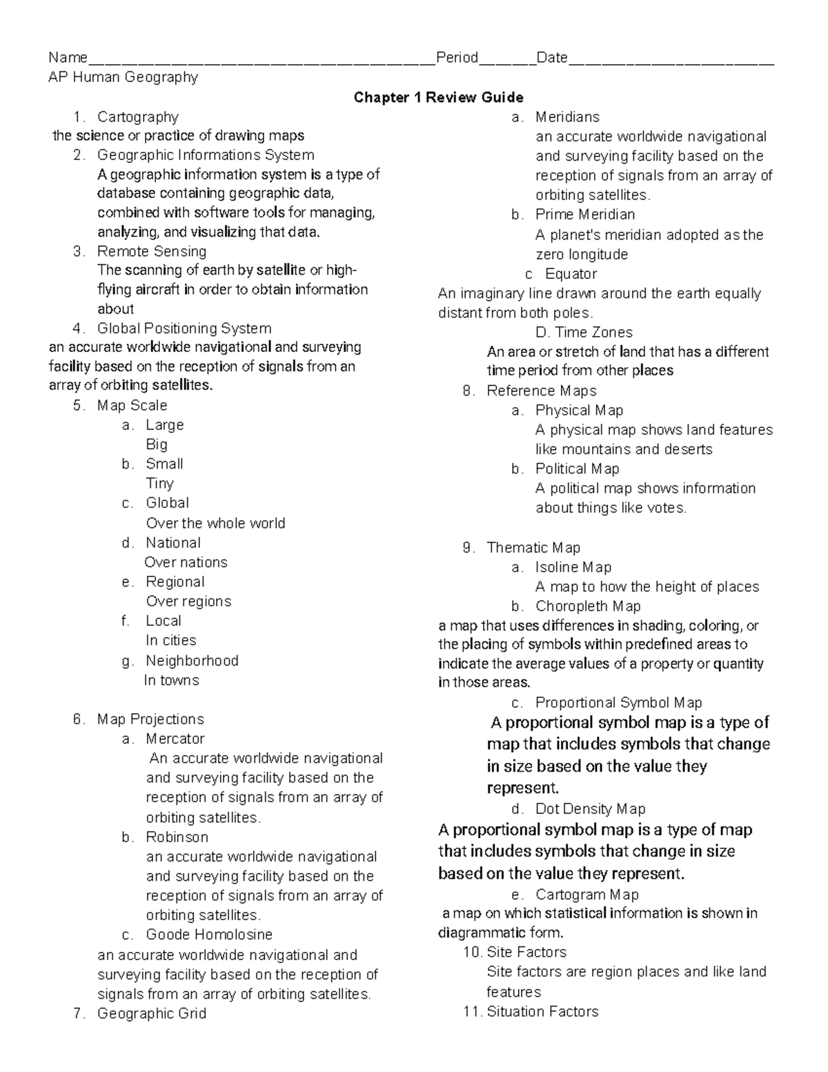 APHG 2021 Chapter 1 Study Guide: Cartography & Geographic Systems - Studocu