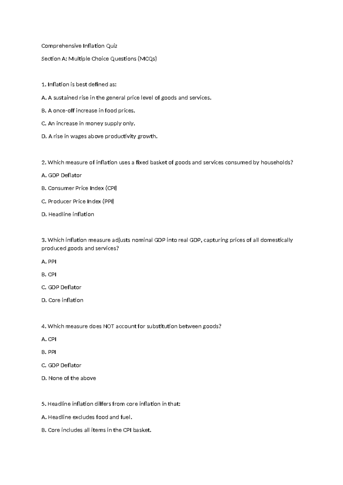 Comprehensive Inflation Quiz (ECO 101) - MCQs Section A - Studocu