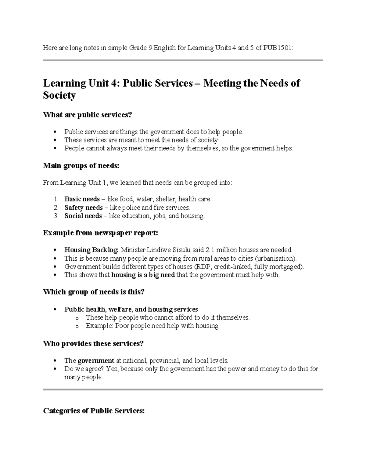 Learning Units 4 & 5 Overview: Public Services & Government (PUB1501 ...