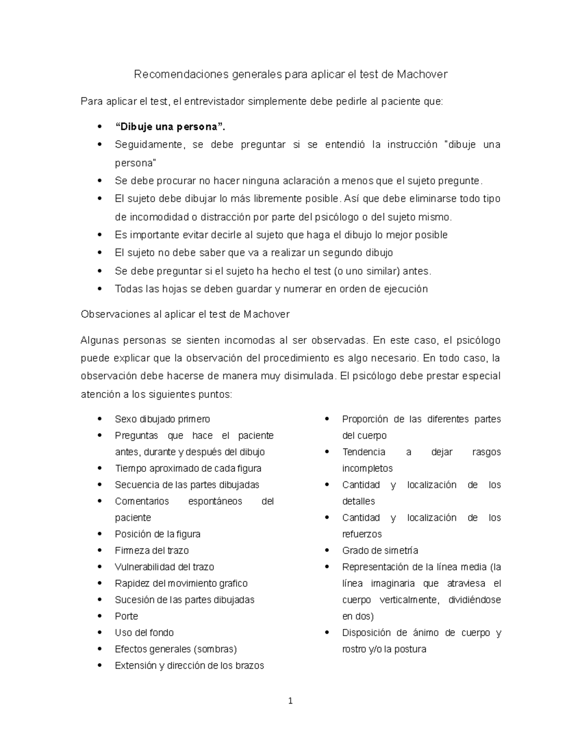 DFH - Aplicación y Observaciones del Test de Machover - Studocu