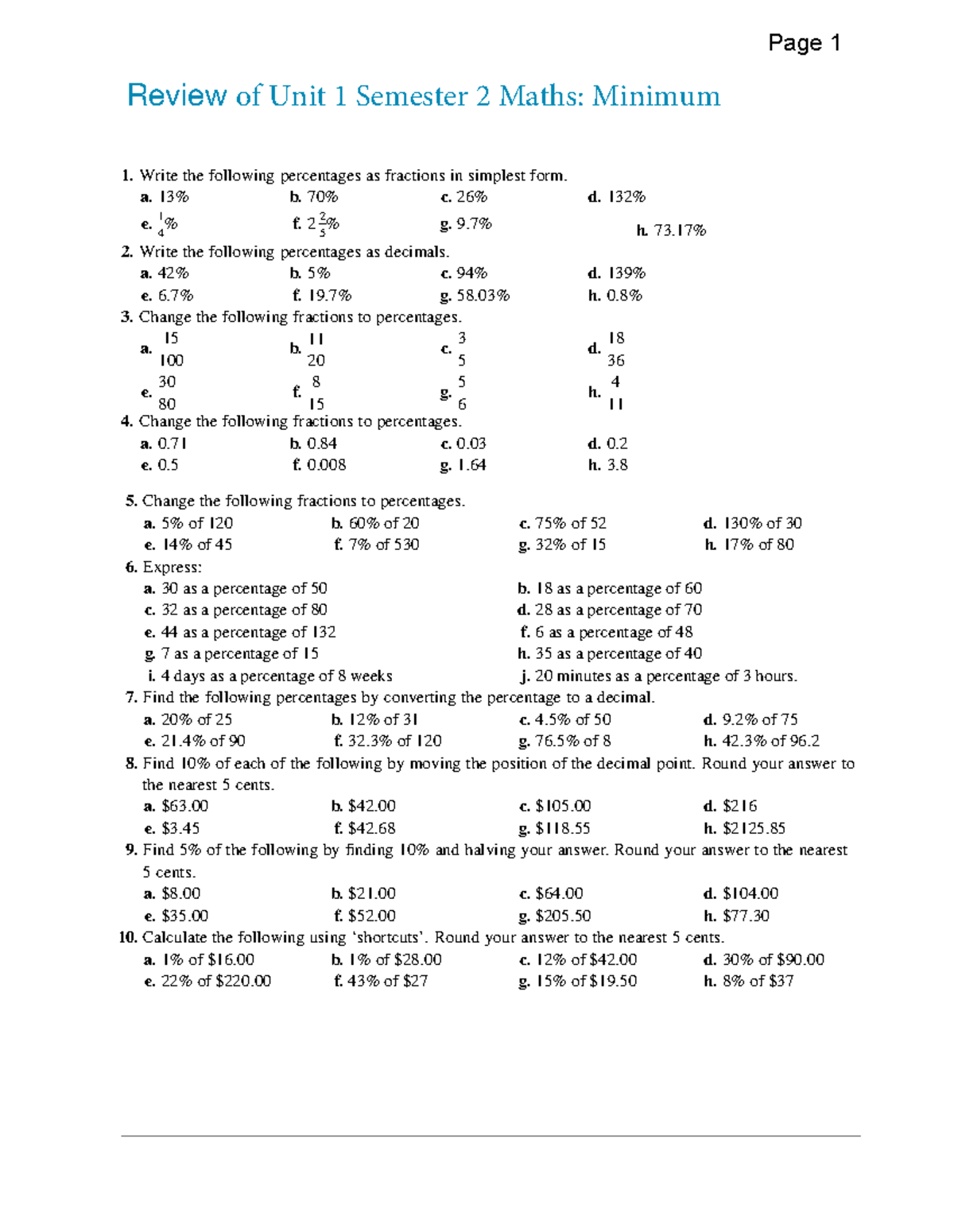 7 Sem 2 Unit 1 Maths Review: Percentages & Fractions with Answers - Studocu