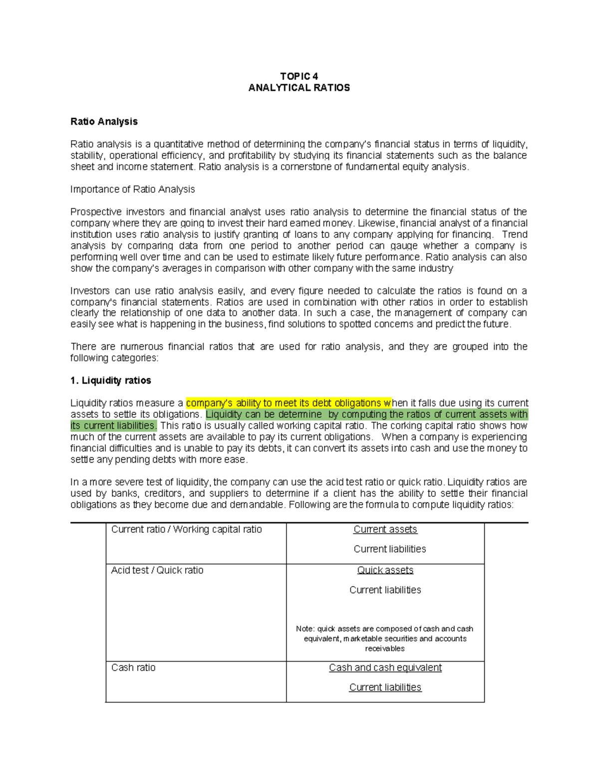 Topic 3 Ratio Analysis - summary lecture - TOPIC 4 ANALYTICAL RATIOS ...