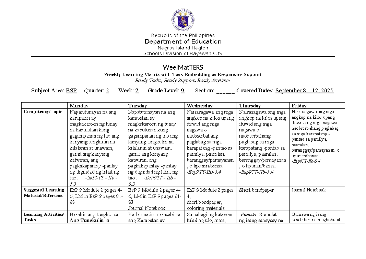 GMRC 9 Q2 Wk 2 - Weekly Learning Matrix with Task Embedding - Studocu