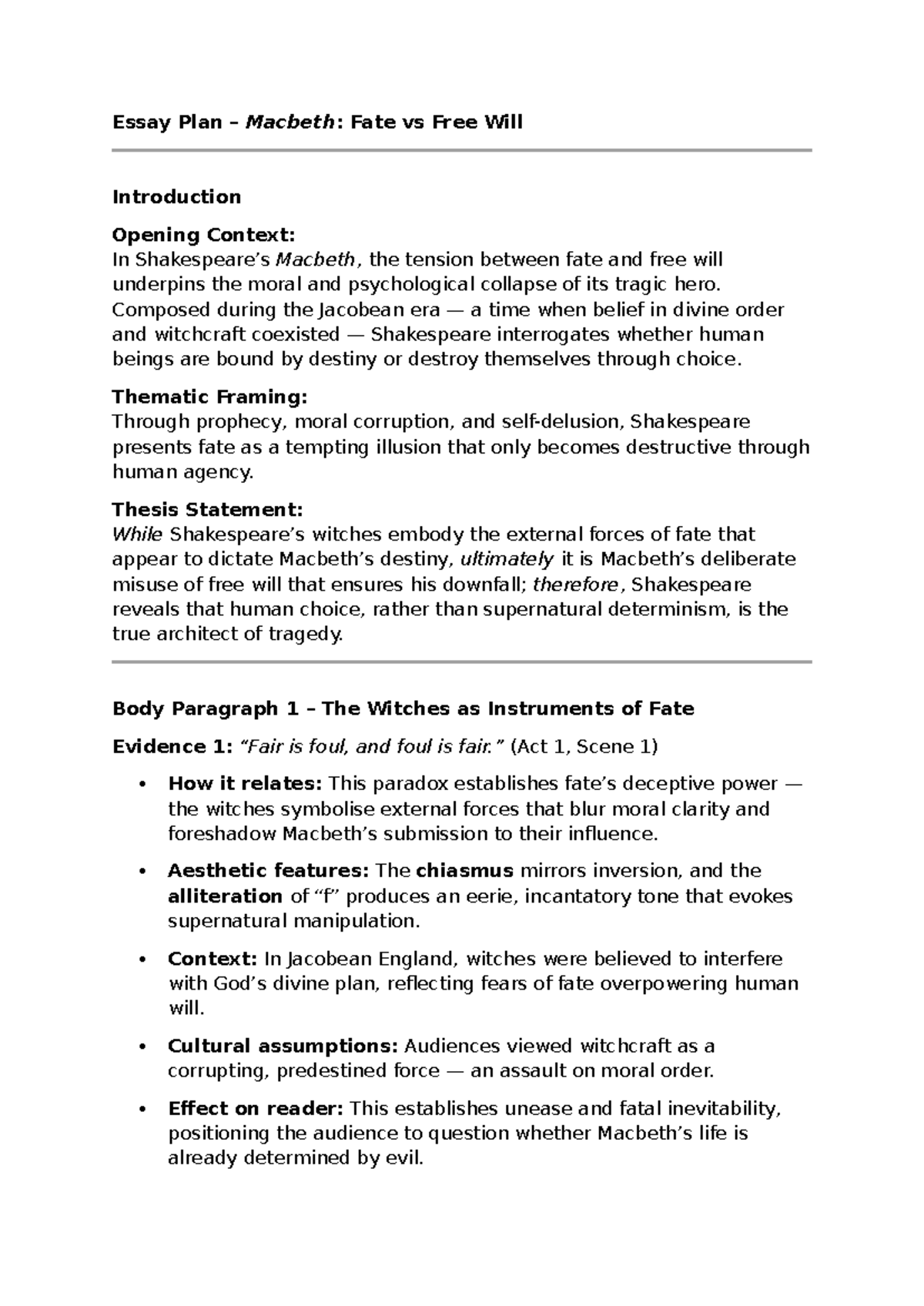 ENG 101 Essay Plan: Fate vs Free Will in Macbeth - Studocu