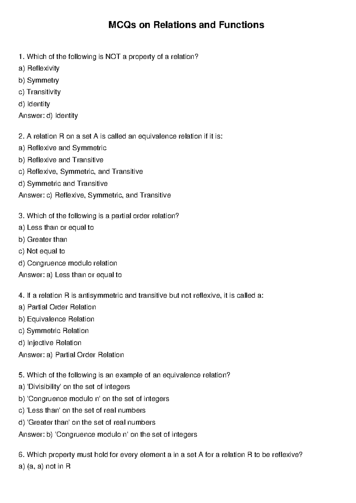 MCQs on Relations & Functions - Final Exam Review - Studocu