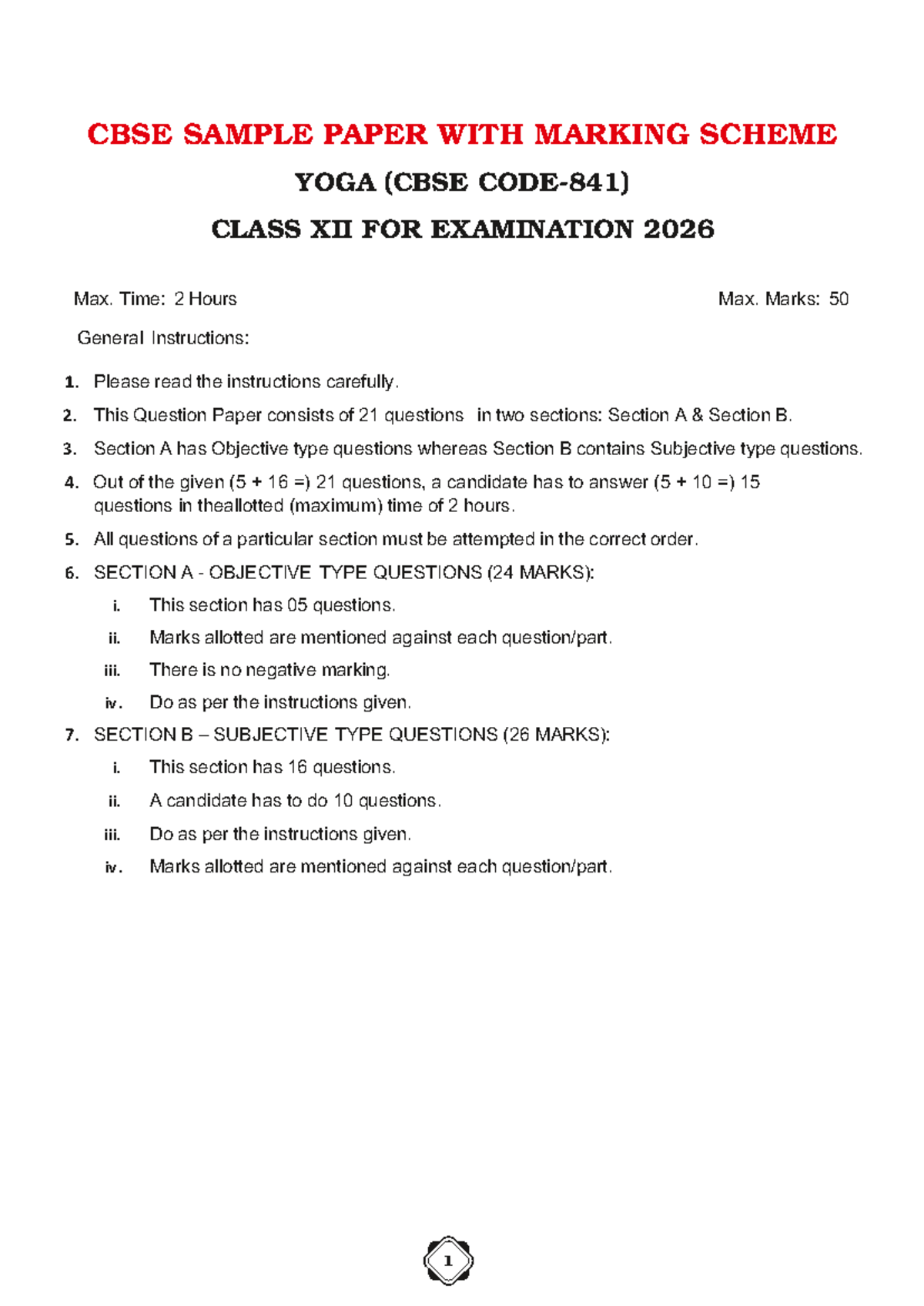 CBSE Class XII Yoga Sample Paper with Marking Scheme 2026 - Studocu