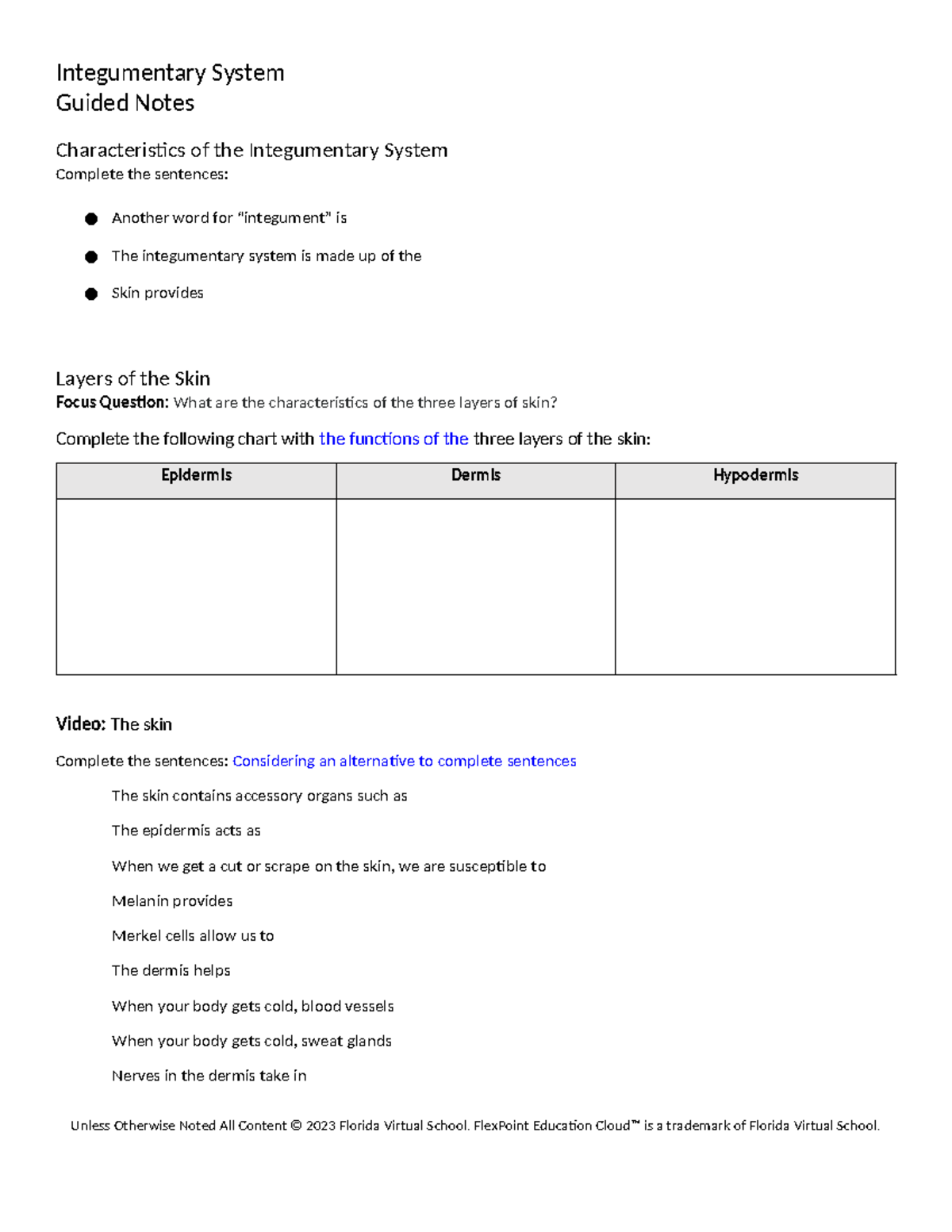 Guided Notes: Integumentary System Characteristics & Functions - Studocu