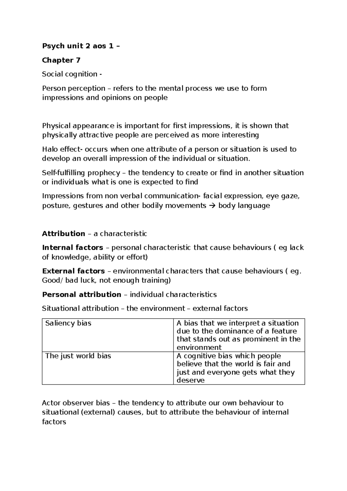 Psych Unit 2 AOS 1 & 2: Social Cognition and Perception Notes - Studocu