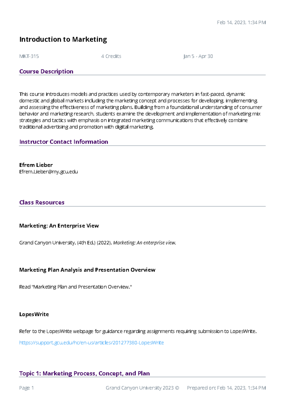 MKT-315 Introduction to Marketing Syllabus and Course Overview - Studocu