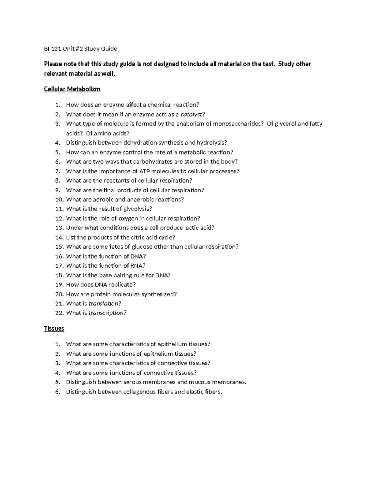 BI 121 Unit 2 Study Guide: Cellular Metabolism & Tissues - Studocu