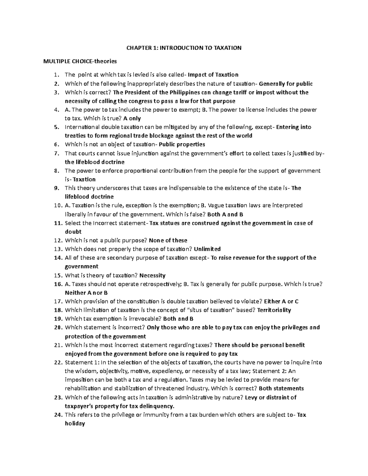Chapter 1-5 Income Tax MCQs and Key Concepts for Exam Preparation - Studocu