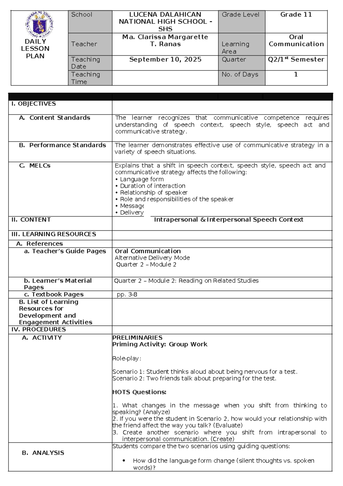 Q2 WEEK 2 DAY 3 - Oral Communication Lesson Plan for SHS - Studocu