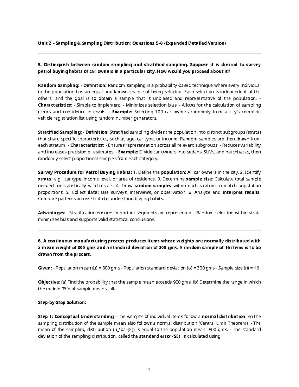 Unit 2 Sampling Distribution: Detailed Questions & Analysis - Studocu