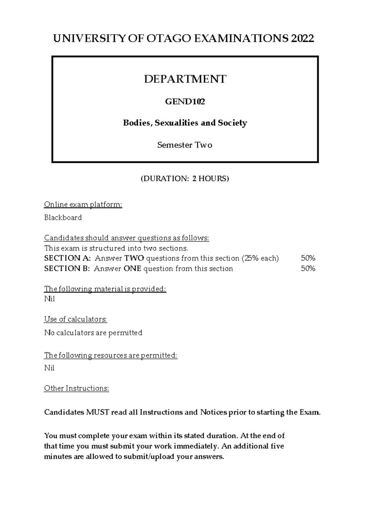 GEND102 Final Exam Instructions and Structure Overview 2022 - Studocu