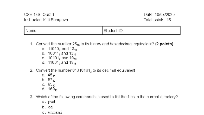 CSE 13S: Quiz 1 – Binary, Linux Shell & Git Commands - Studocu