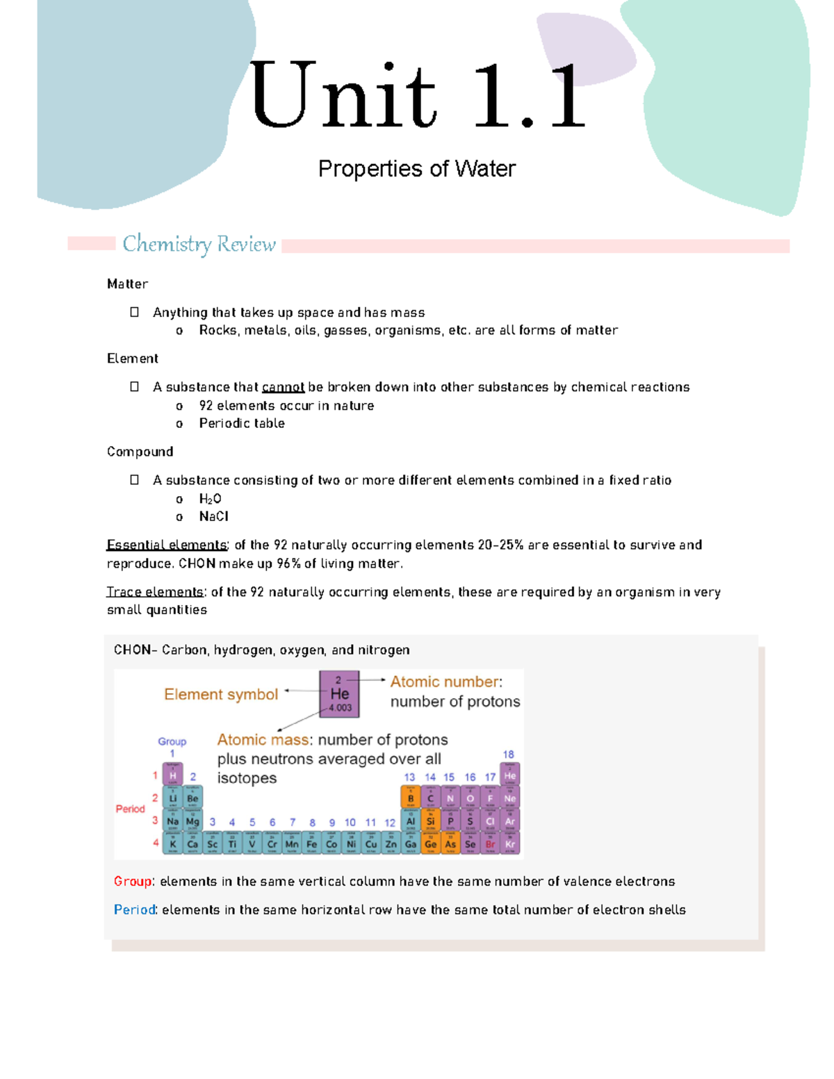 AP BIOLOGY Aesthetic Notes of Unit 1 Lesson 1: Properties of Water ...