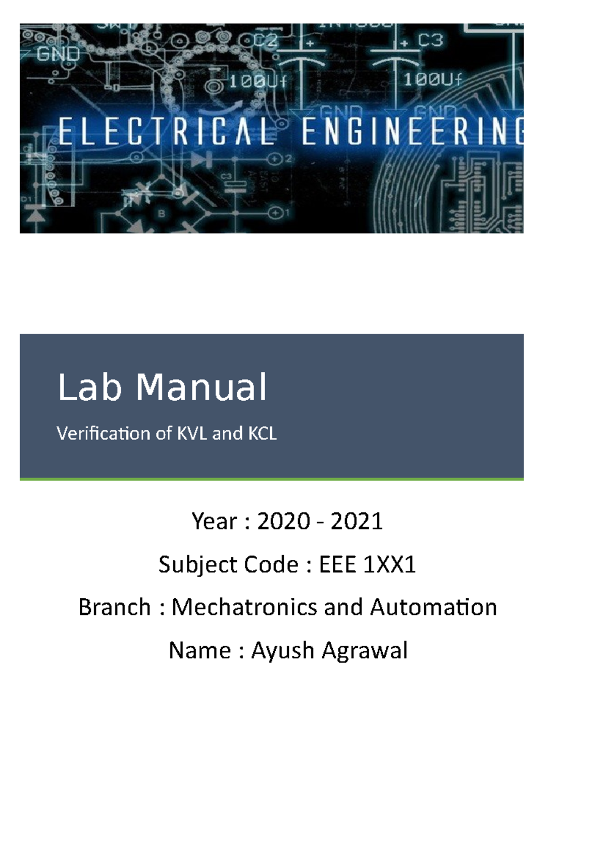 Experiment 1 Verification Of Kvl And Kcl Lab Manual Verification Of