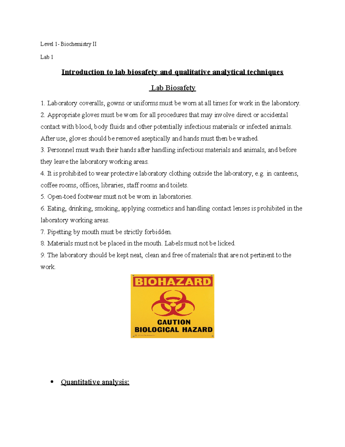 Bio II Lab 1: Introduction to Lab Biosafety & Analytical Techniques ...