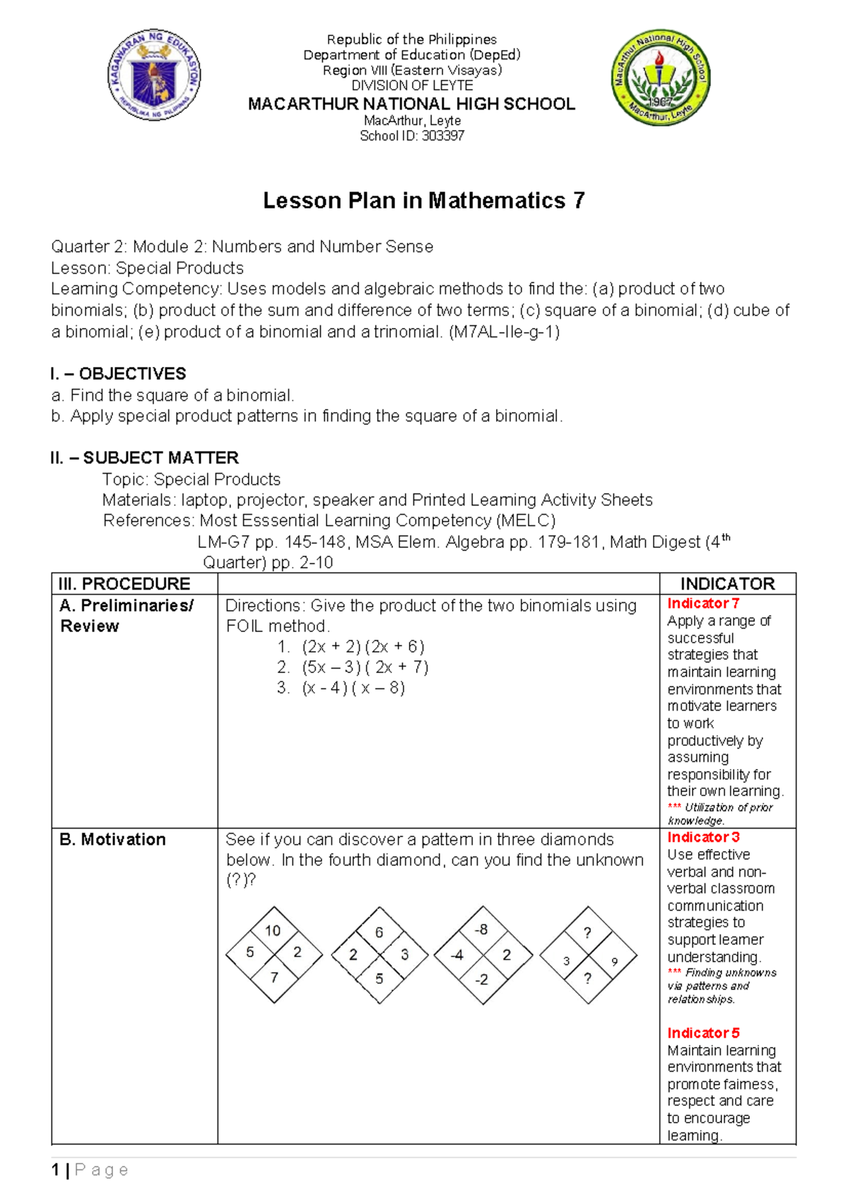 Math 1 Q2: Lesson Plan on Special Products in Binomial Expressions ...