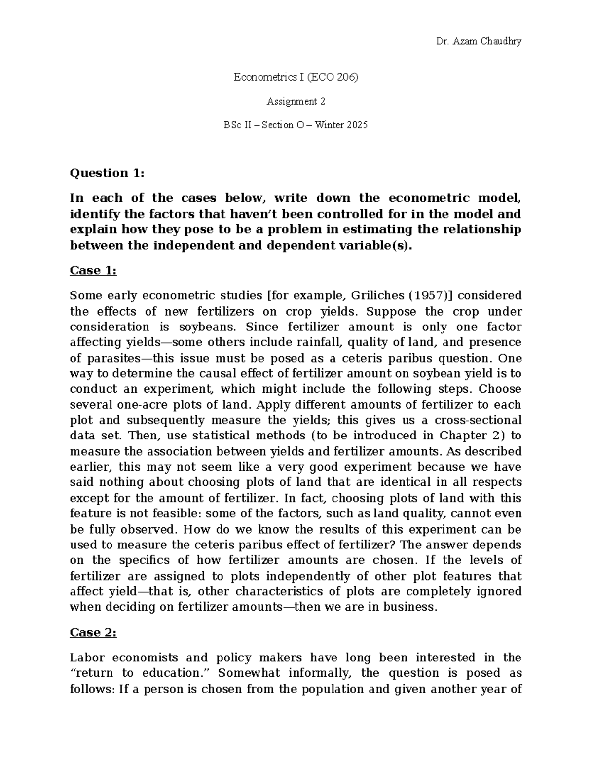 Econometrics I (ECO 206) Assignment 2: Econometric Models & Analysis ...