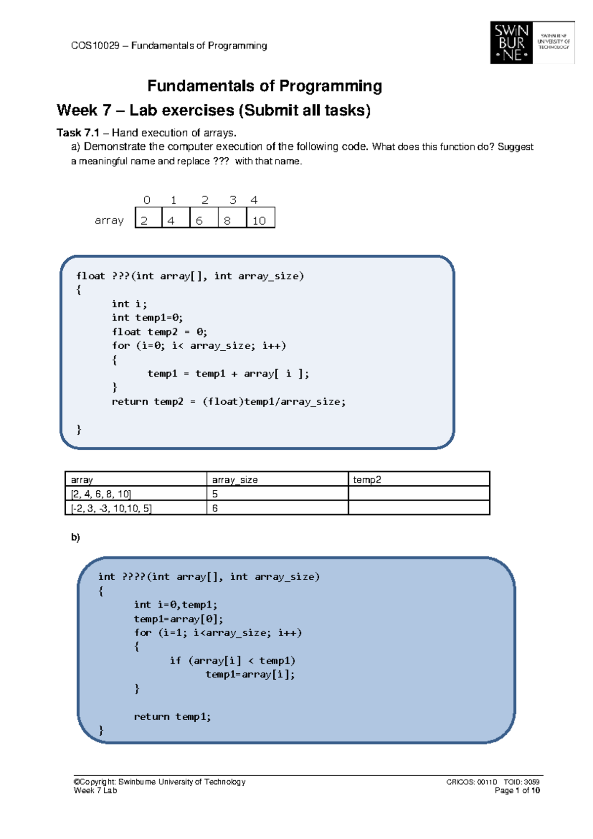 COS10029 Week 7 Lab Exercises - Array Functions & C++ Program Tasks - Studocu