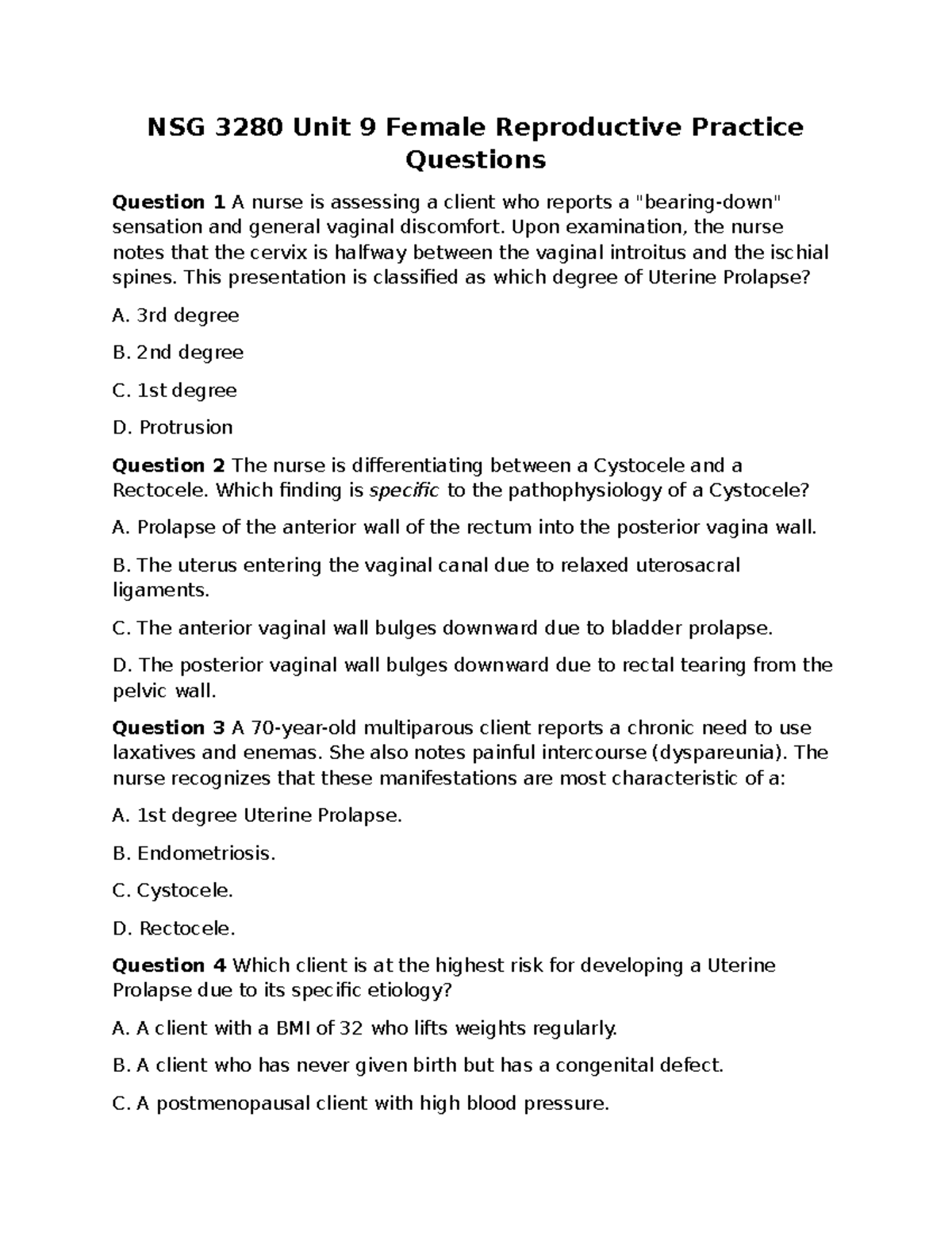 NSG 3280 Unit 9 Female Reproductive System Practice Questions - Studocu