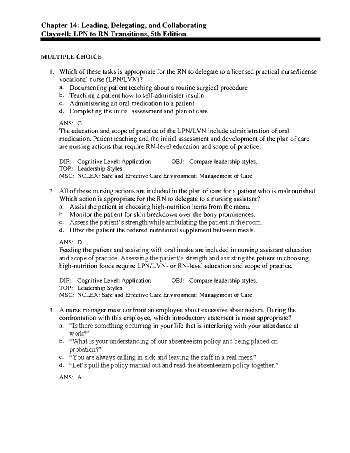 14 - study guide - Chapter 14: Leading, Delegating, and Collaborating ...