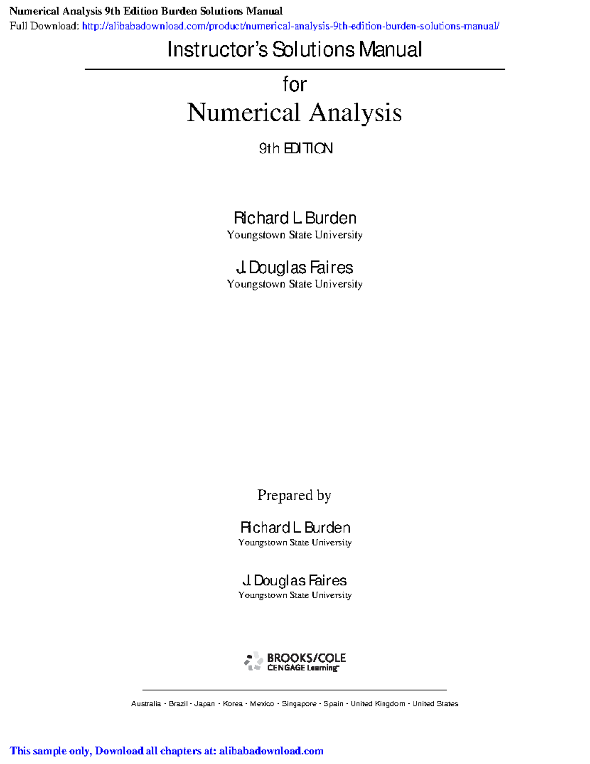 Numerical Analysis 9th Edition Burden Solutions Manual (Instructor's Version) - Studocu