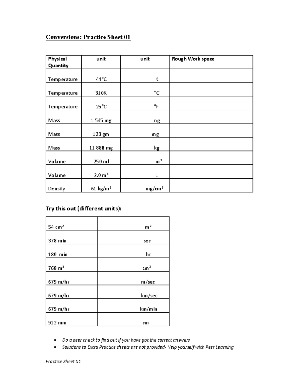 PP Practice 1 - Practice Sheet 01 Conversions: Practice Sheet 01 ...