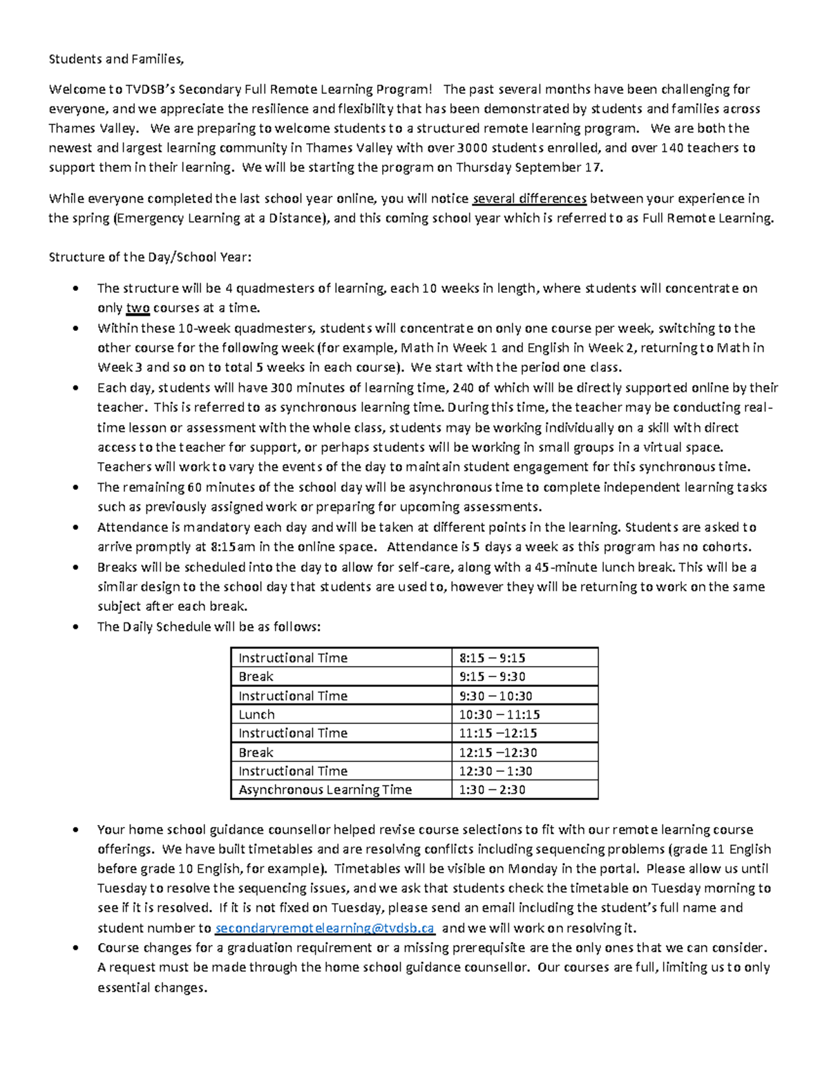 Welcome Letter for TVDSB Remote Learning Program 2023-24 - Studocu