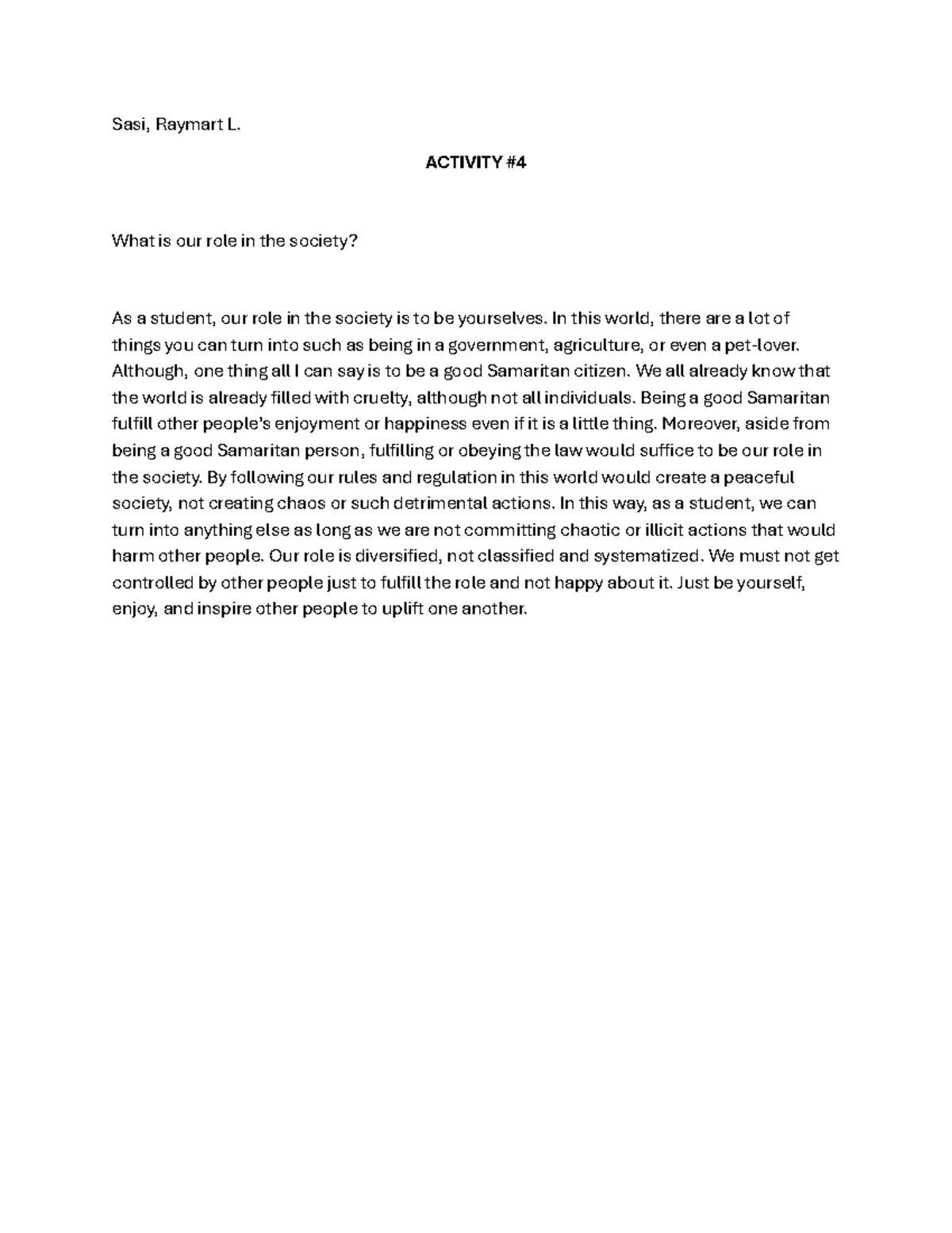 ACT-4 STS-SASI: Embracing Our Role as Students in Society - Studocu