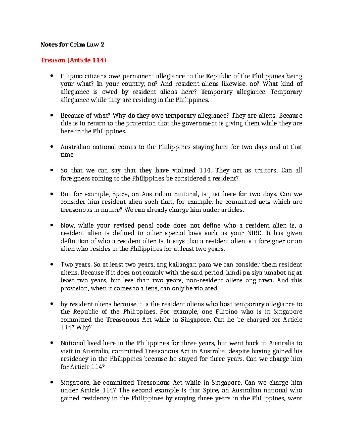 Treason Notes for Crim Law 2: Understanding Article 114 - Studocu