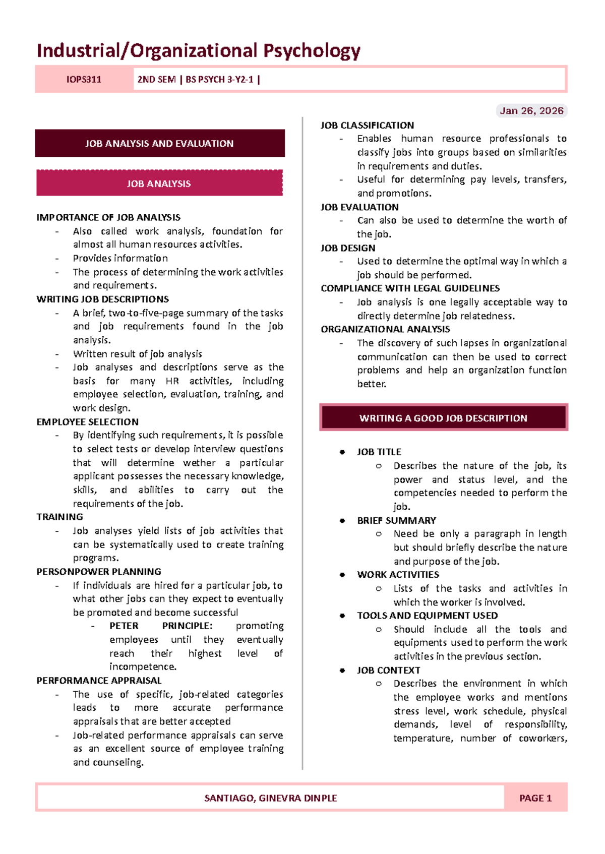Psychology IOPS311 2ND SEM BS PSYCH Job Analysis & Evaluation Notes ...