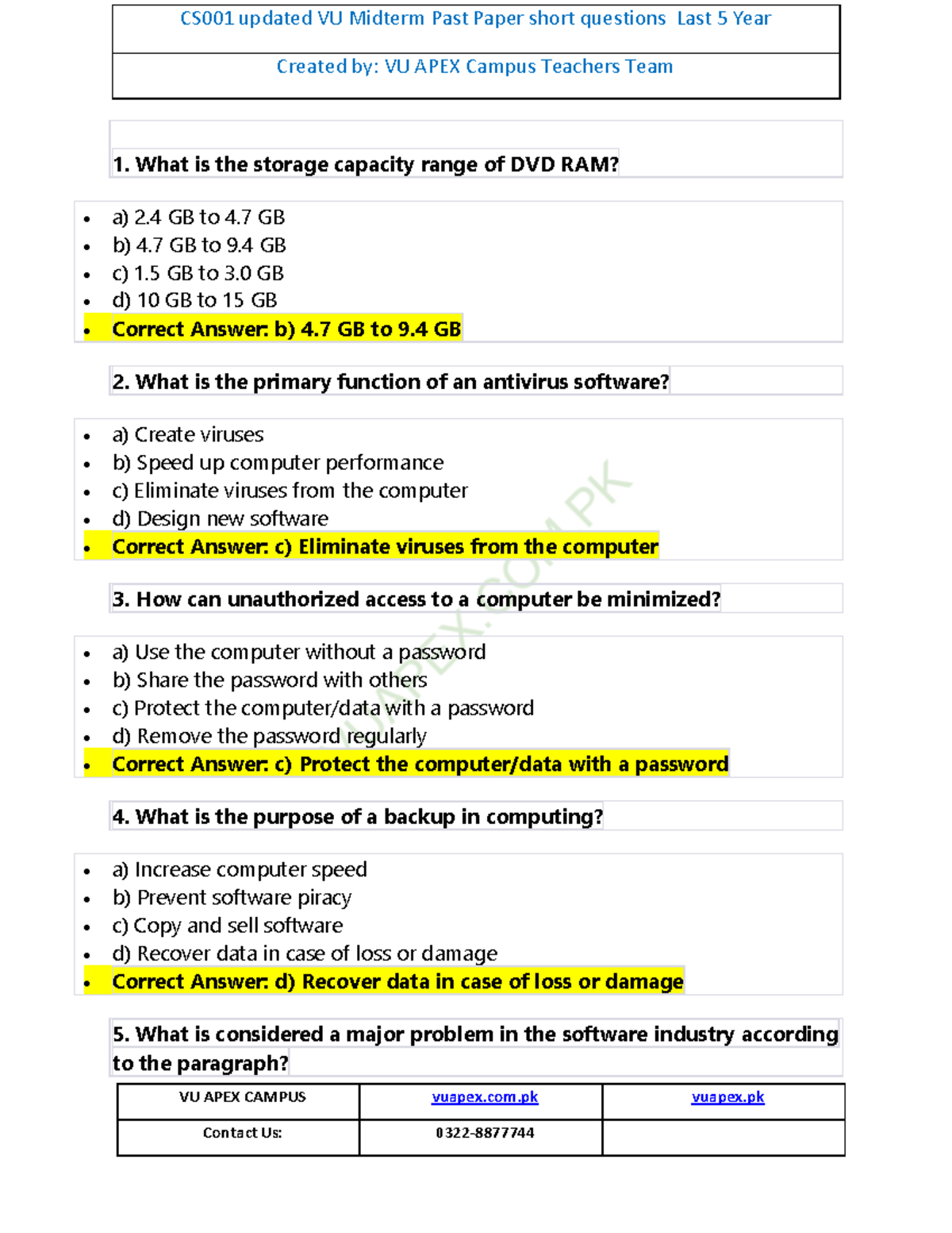 CS001 VU Midterm Past Paper: Short Questions from Last 5 Years - Studocu