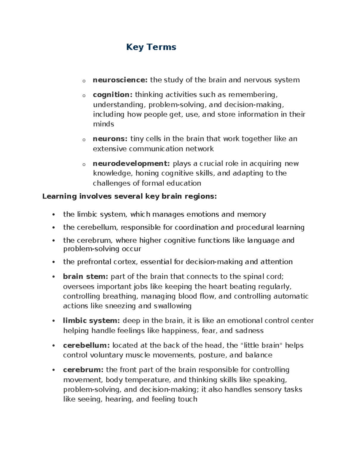 Key Terms - Neuroscience and Learning Science (PSY 101) - Studocu