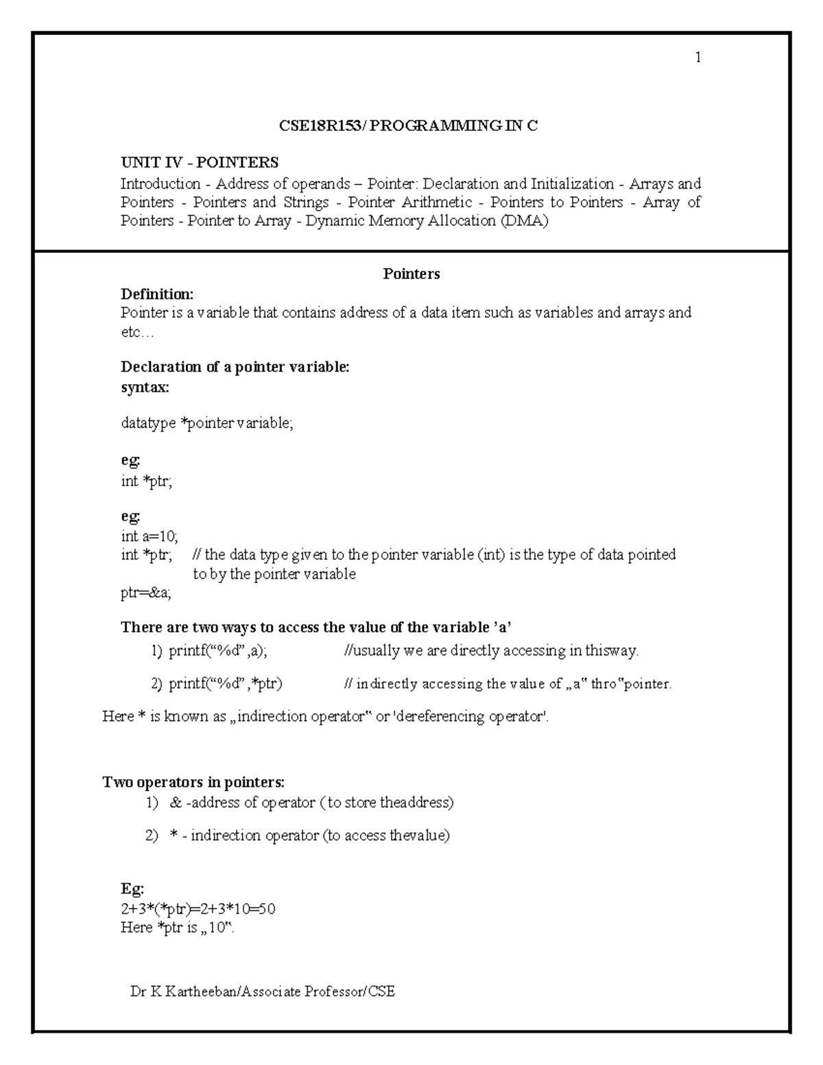 C Programming (CS101) Unit IV: Pointers and Dynamic Memory Allocation ...