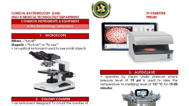 CLINICAL BACTERIOLOGY (LAB) 2nd SEMESTER PRELIM: Instruments ...