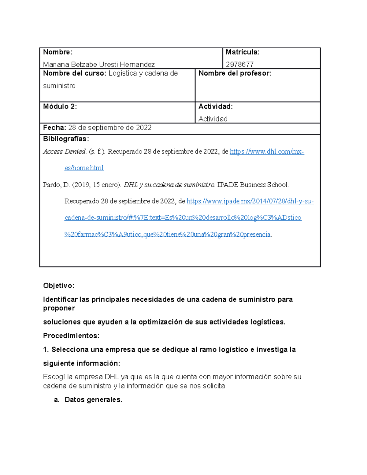 Logística y Cadena de Suministro - Tarea sobre DHL y su Estrategia - Studocu