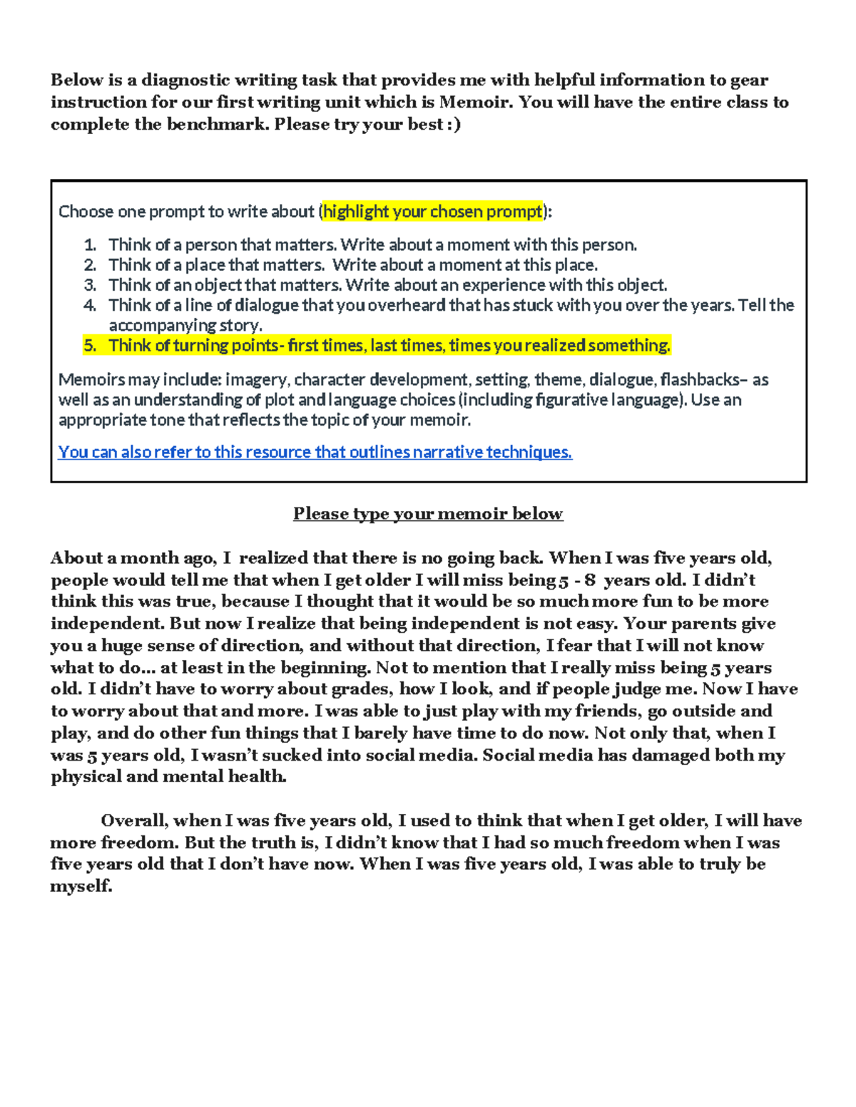 Quatrone 2023 8th Grade ELA Memoir Benchmark Writing Task - Studocu