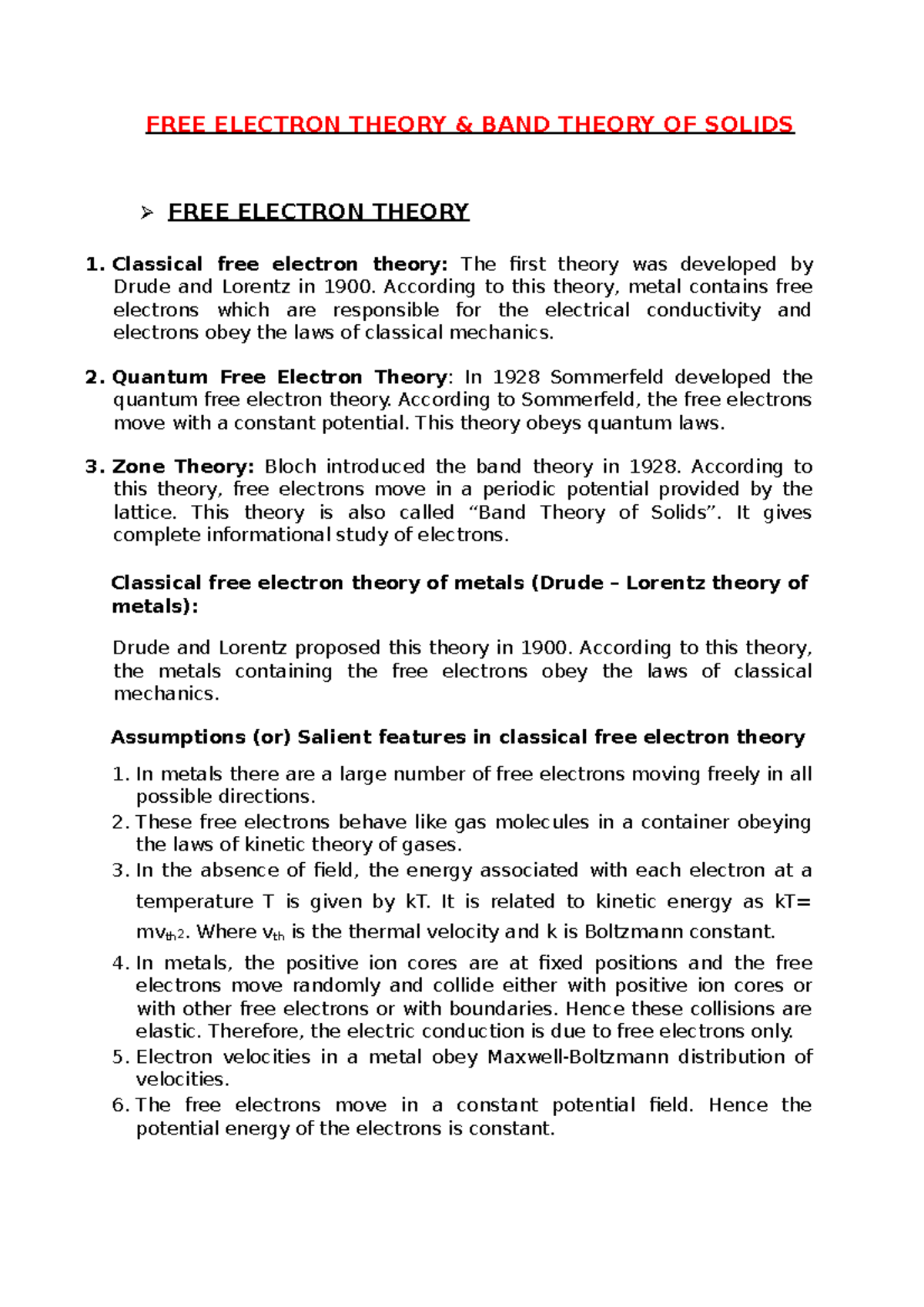 FREE Electron Theory & BAND Theory OF Solids - FREE ELECTRON THEORY ...