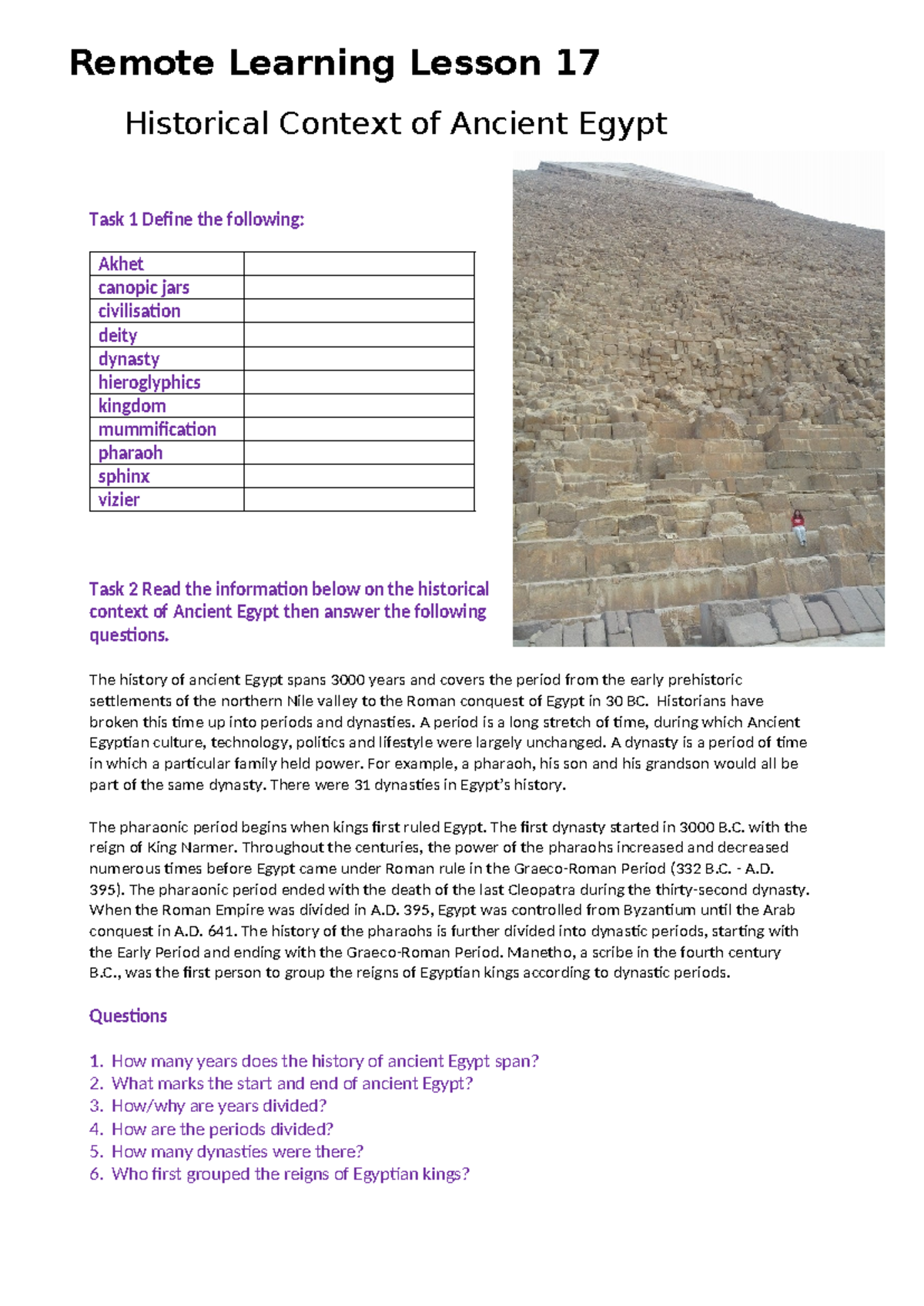 Remote Learning Lesson 17 Historical Context of Ancient Egypt - The ...
