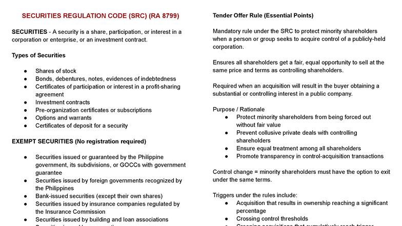 SEC 101: Tender Offer Rule & Securities Regulation Overview - Studocu