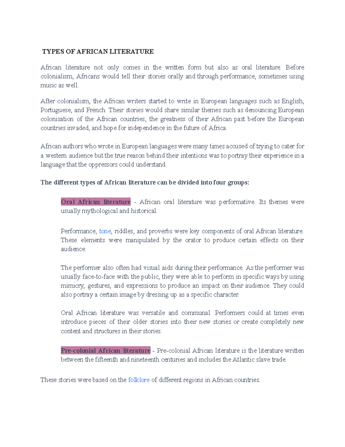 TYPES OF AFRICAN LITERATURE: Oral Traditions to Modern Works - Studocu