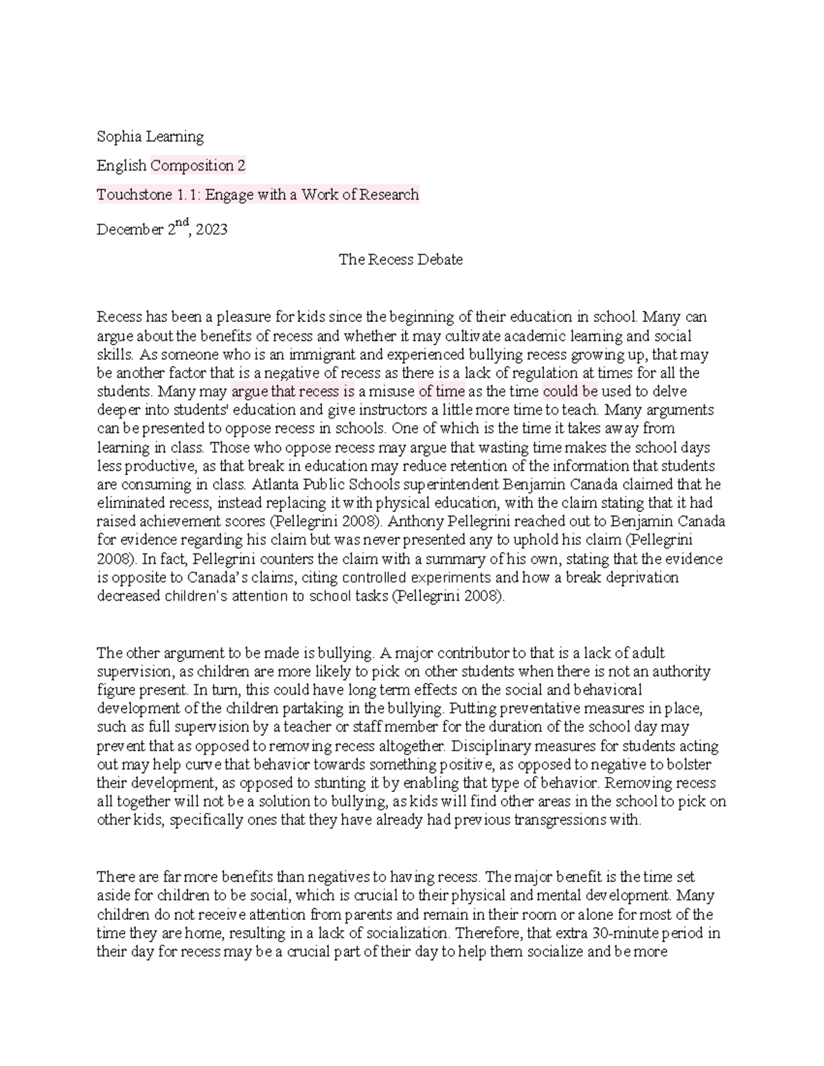 Touchstone 1.1: Engaging in the Recess Debate - A Critical Analysis ...