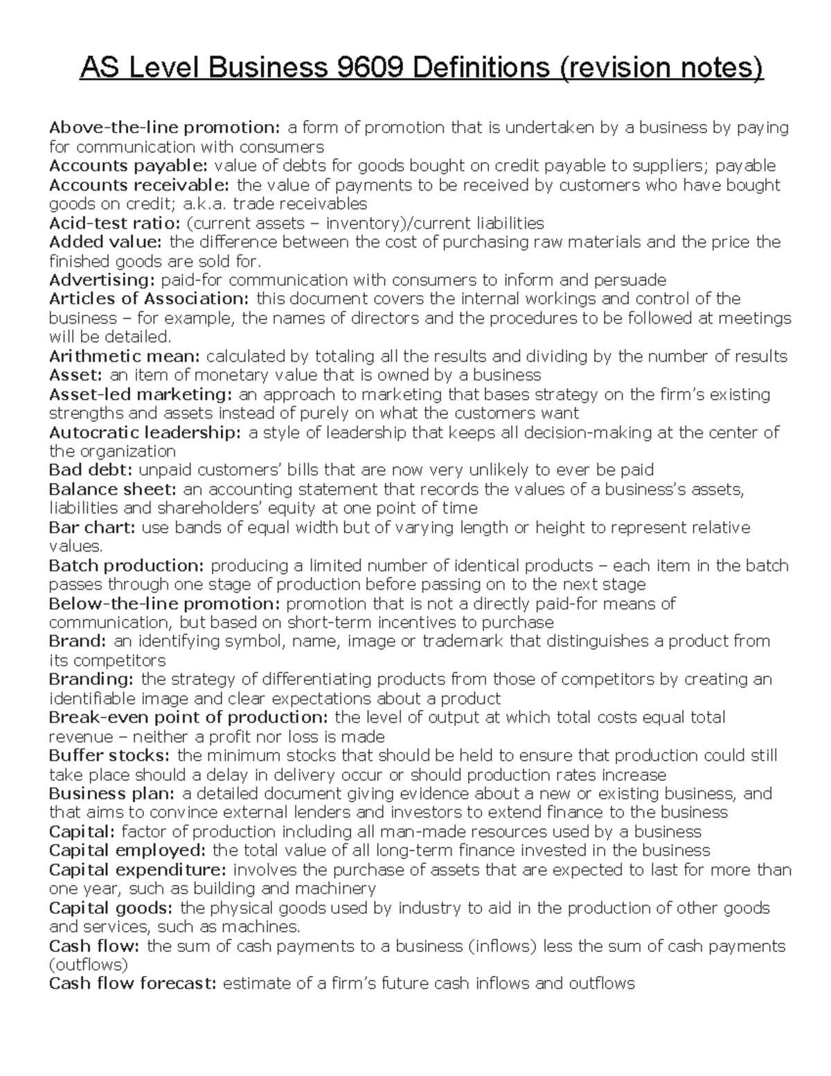 AS Level Business 9609 Revision Notes: Key Definitions and Concepts ...