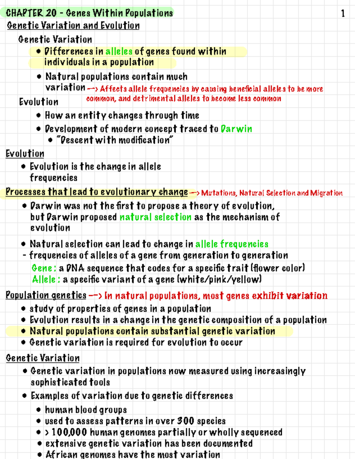 Bioscience II: Chapter 20 - Genetic Variation & Evolution Notes - Studocu