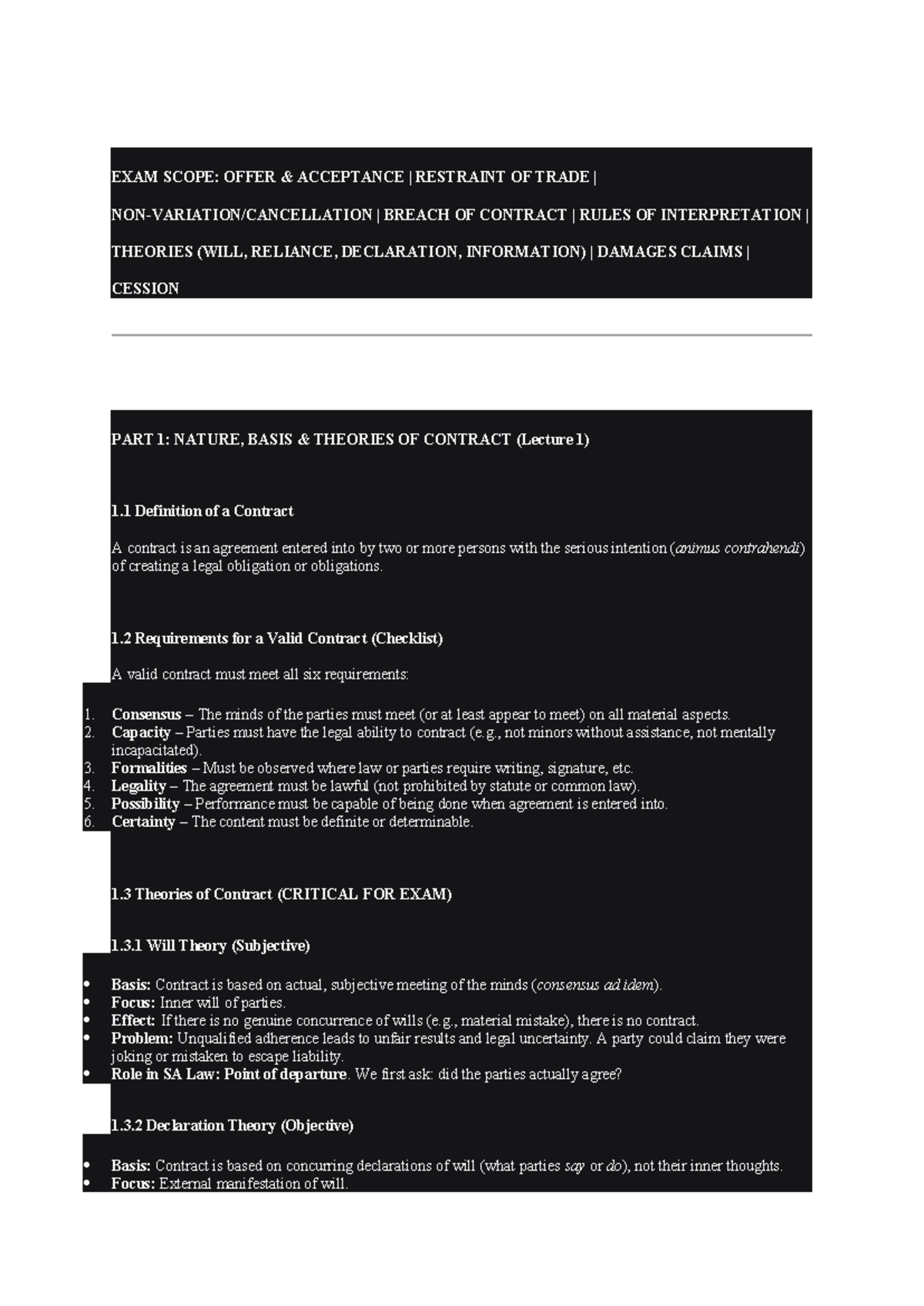 Final Exam Notes: Contract Law (Lecture 1-12) - Scope & Theories - Studocu